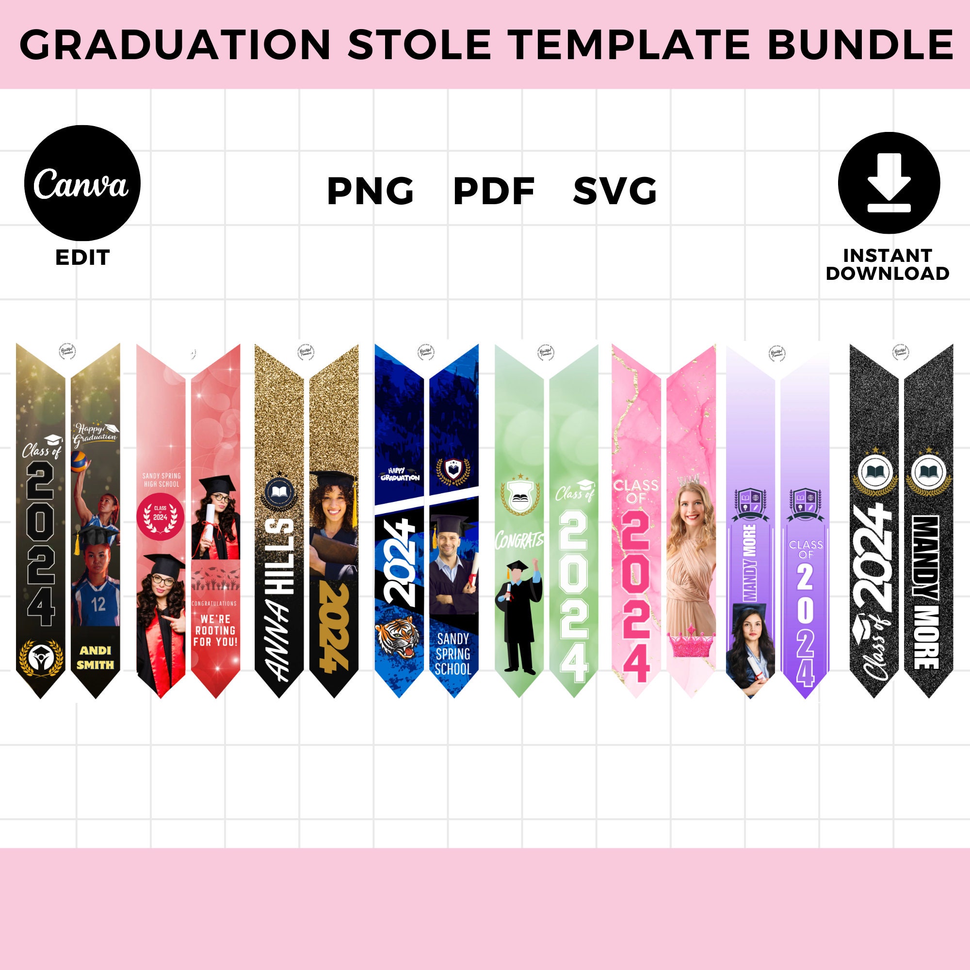 Graduation Stole Template Bundle | Grad Sash Design Editable in Canva ...