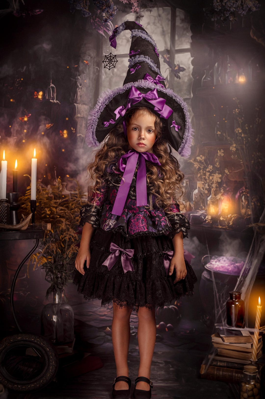 Girls Witches Halloween Costume With Hat, Black and Purple, Witch ...