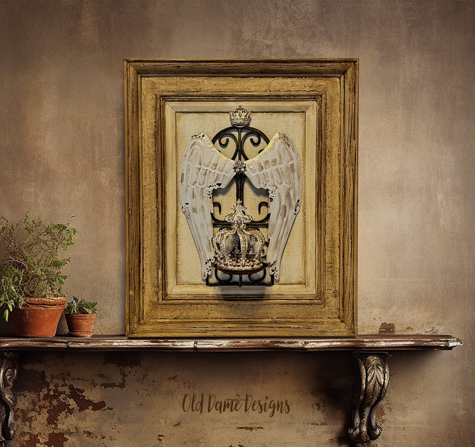 Framed Angel Wings Wall Decor Royal Crown Candle Holder Original - Etsy