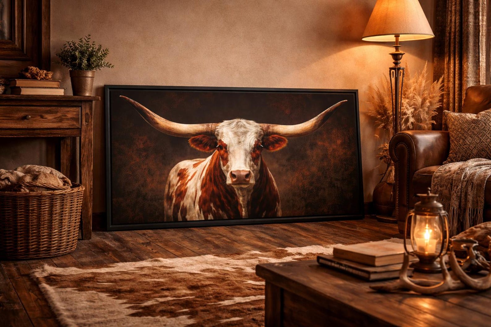 Longhorn Bull Portrait Matte Canvas Framed Wall Art | Rustic Ranch ...