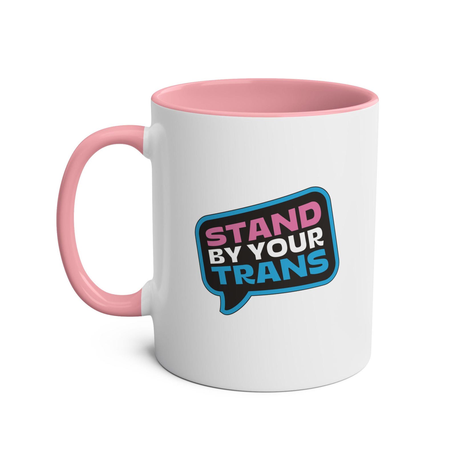 Stand by Your Trans - Pastel Pink Two-tone Coffee Mugs (gay / LGBTQ+ ...