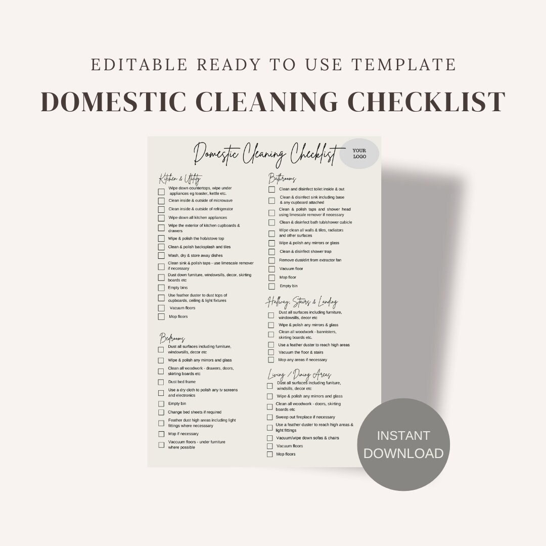 Domestic Cleaning Checklist, Cleaning Employee Guide, Residential Clean ...
