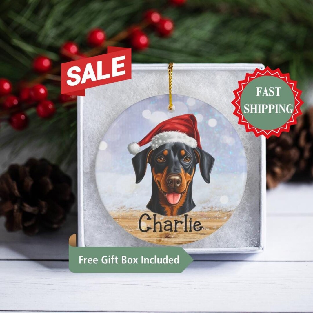 Doberman Pinscher Gift, Personalized Dog Christmas Ornaments, Custom Name Photo Ceramic ...