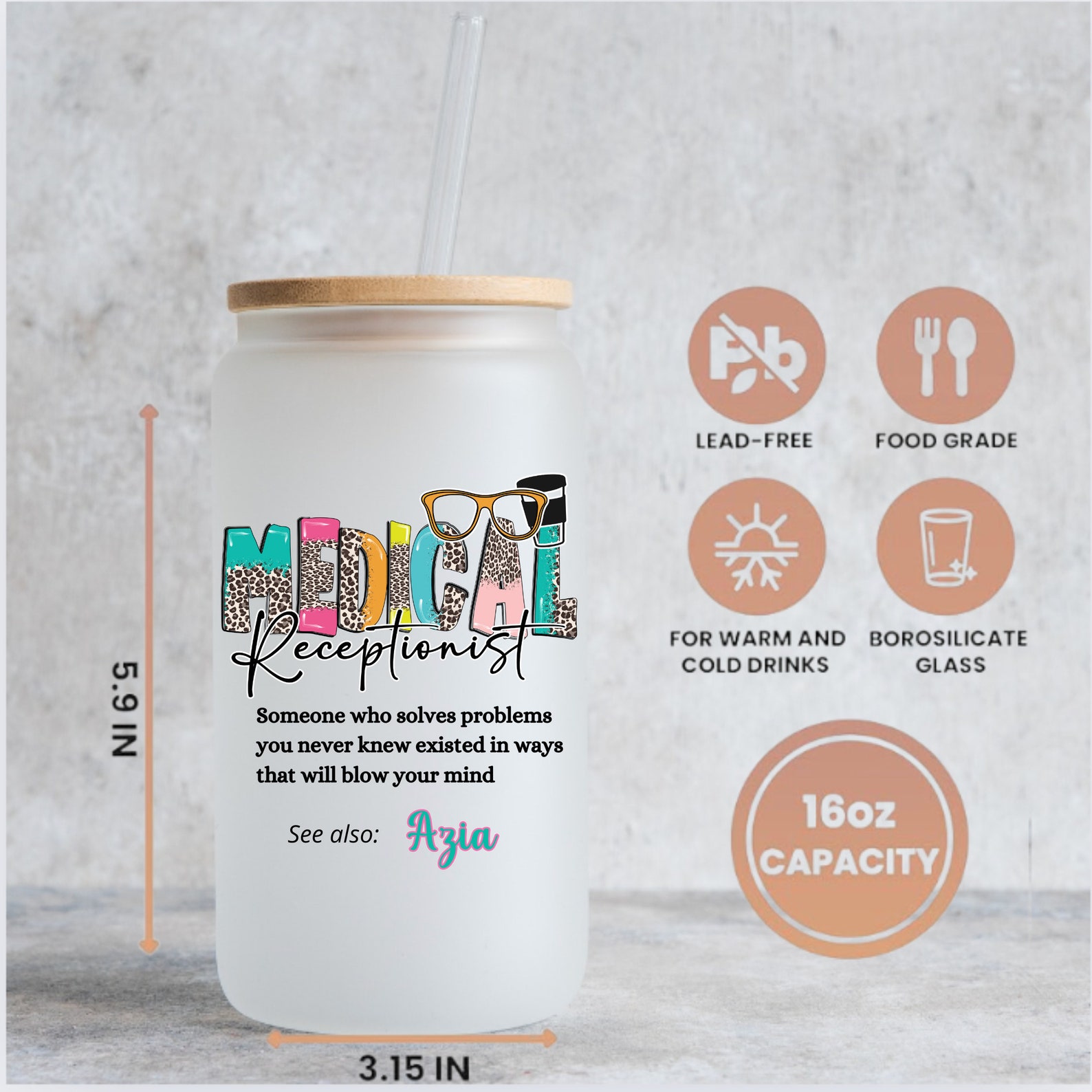 Medical Receptionist 16oz Iced Coffee Cup Personalized Medical ...