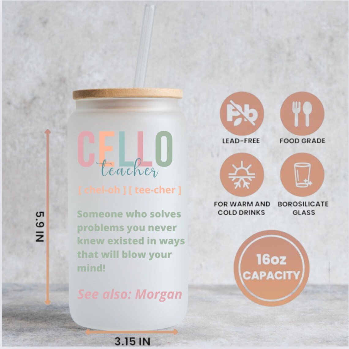 Cello Teacher 16oz Iced Coffee Cup Personalized Cello Teacher Gift ...