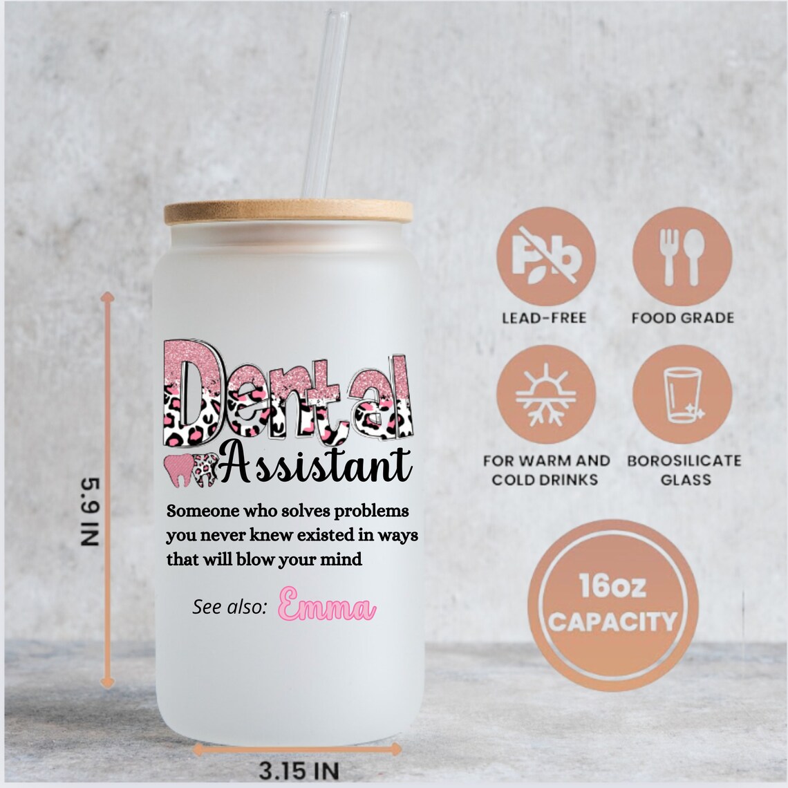 Dental Assistant 16oz Iced Coffee Cup Personalized Dental Assistant ...