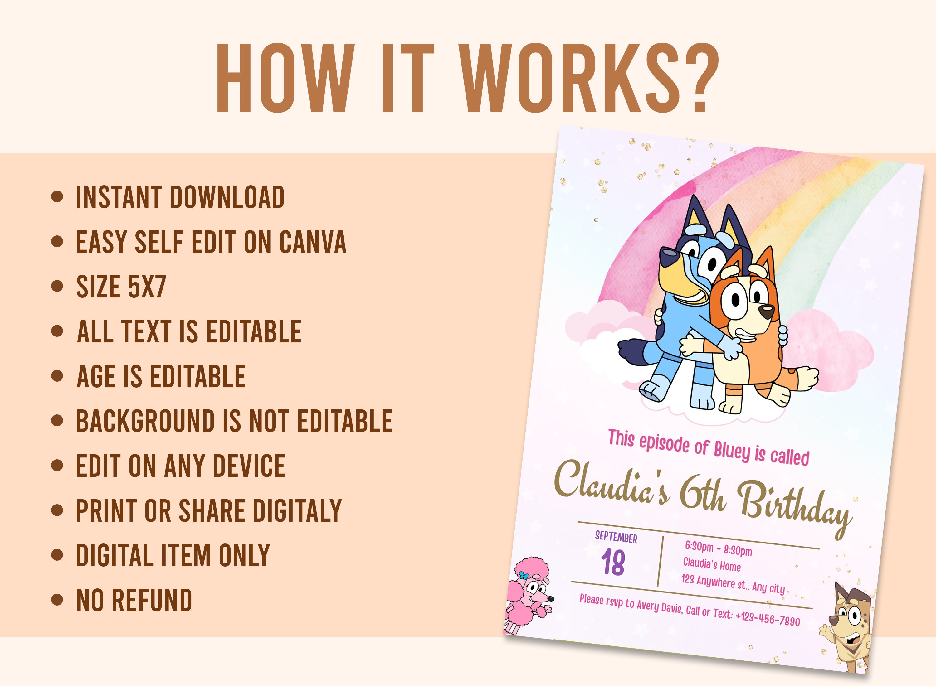 Girl Bluey Birthday Invitation Template Bluey Invitation Digital Bluey ...