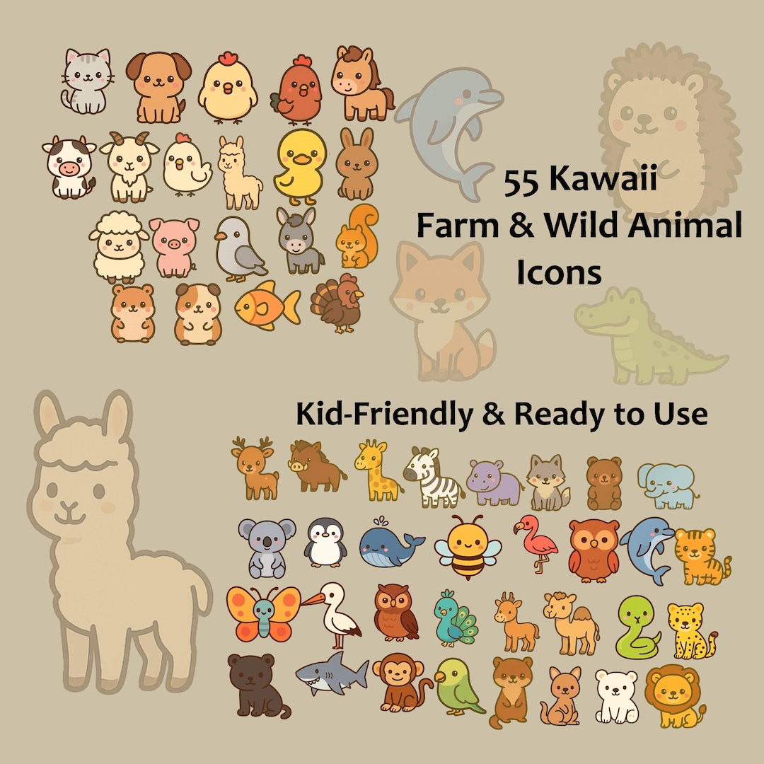 55 Kawaii Animal Icons – Farm & Wild PNG Clipart (transparent) - Etsy