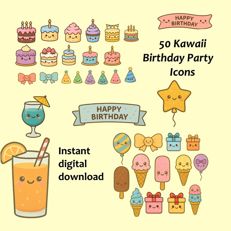 50 Kawaii Birthday Party Icons – Cute PNG Clipart With Transparent ...