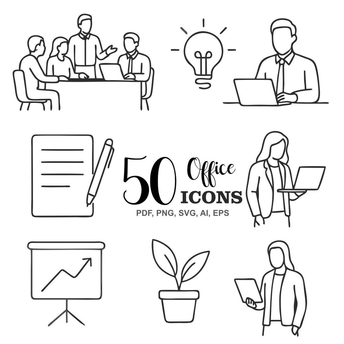 50 Minimalist Office Icons | Hand Drawn, One Line (SVG, PNG, AI) - Etsy