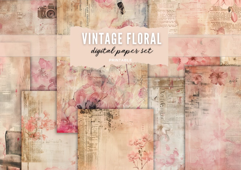 Vintage Floral Digital Paper Set Printable Scrapbook Paper Junk Journal 