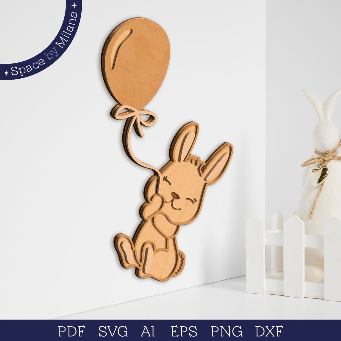 Laser-cut Bunny With Balloon Design Template: Wall Decor and Growth ...