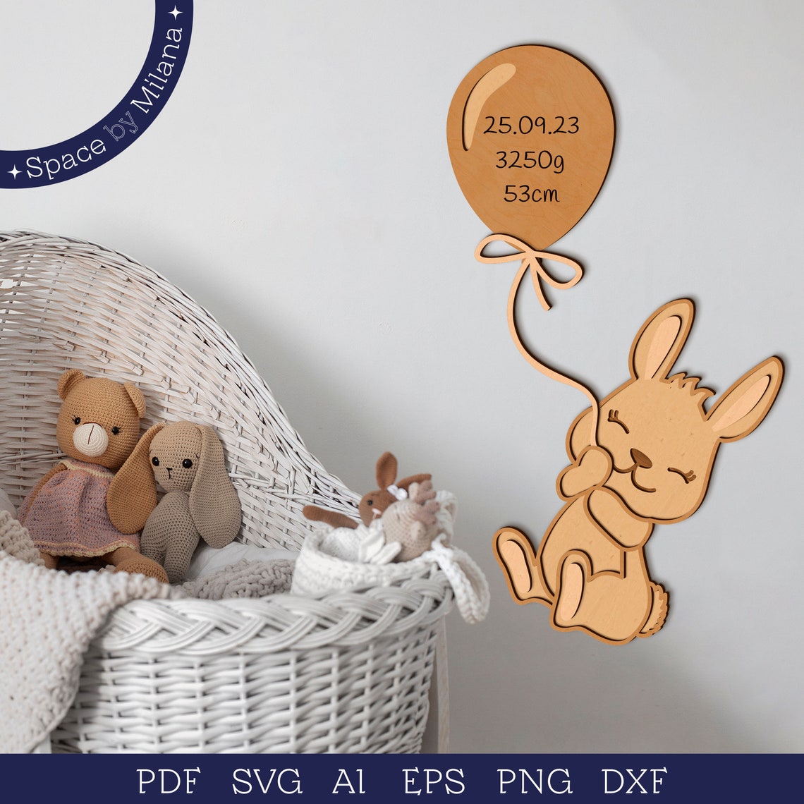Laser-cut Bunny With Balloon Design Template: Wall Decor and Growth ...