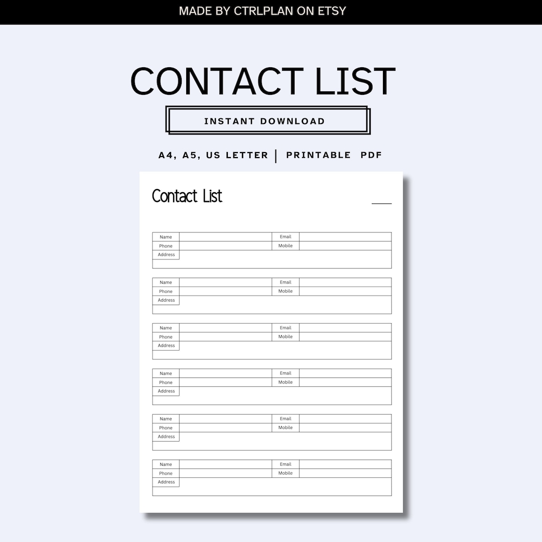 Contact List Printable, Contact Information, Address Book, Contact ...
