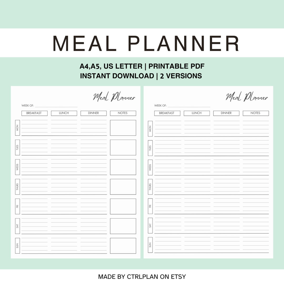 Printable Weekly Meal Planner, Day Menu Planner, Meal Tracker, Food ...