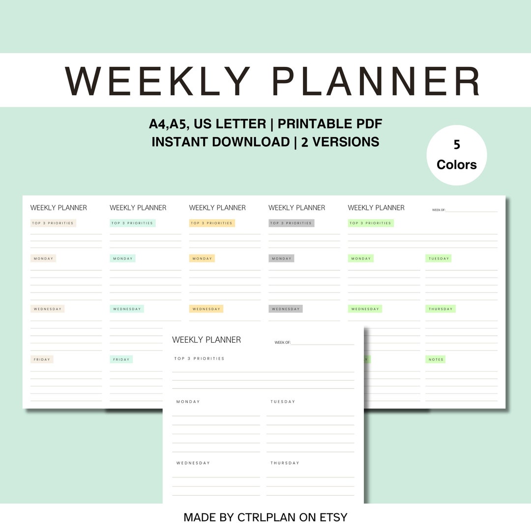 Five Day Weekly Planner Printable, Weekly to Do List, Work Planner ...