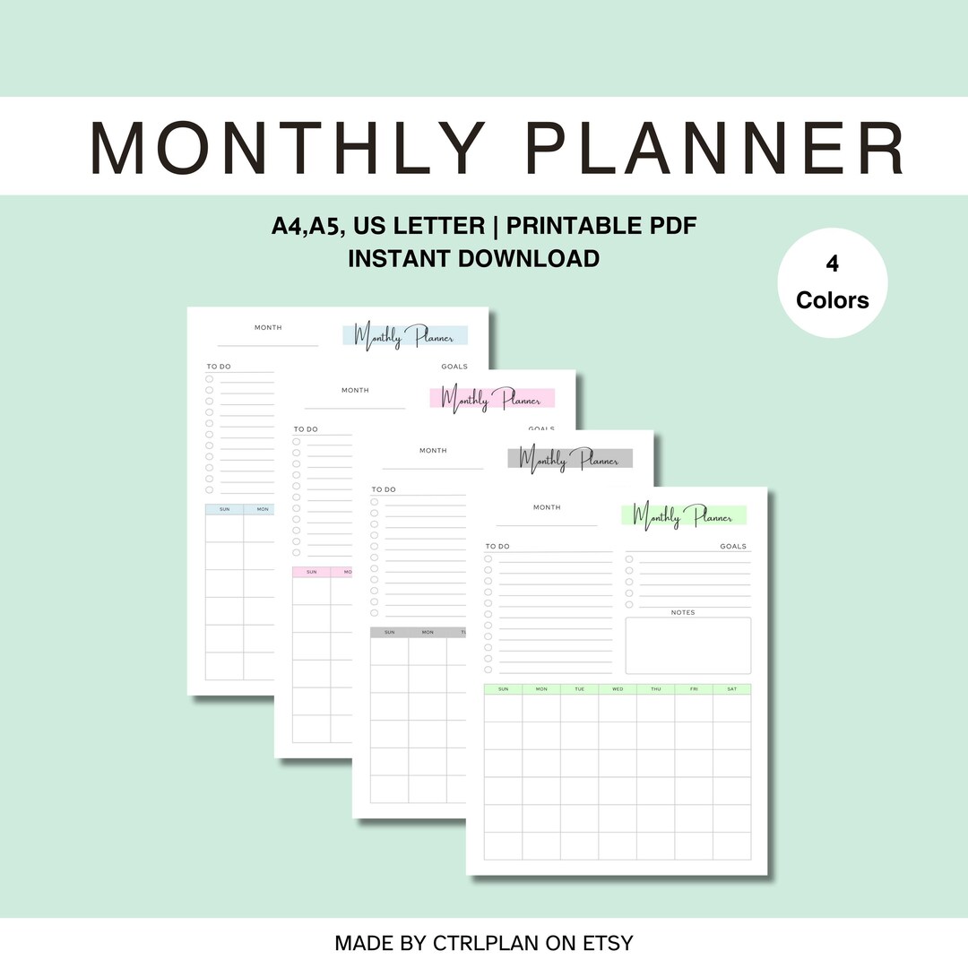 Printable Monthly Planner, A4 A5 Letter Sizes (digital Download) - Etsy