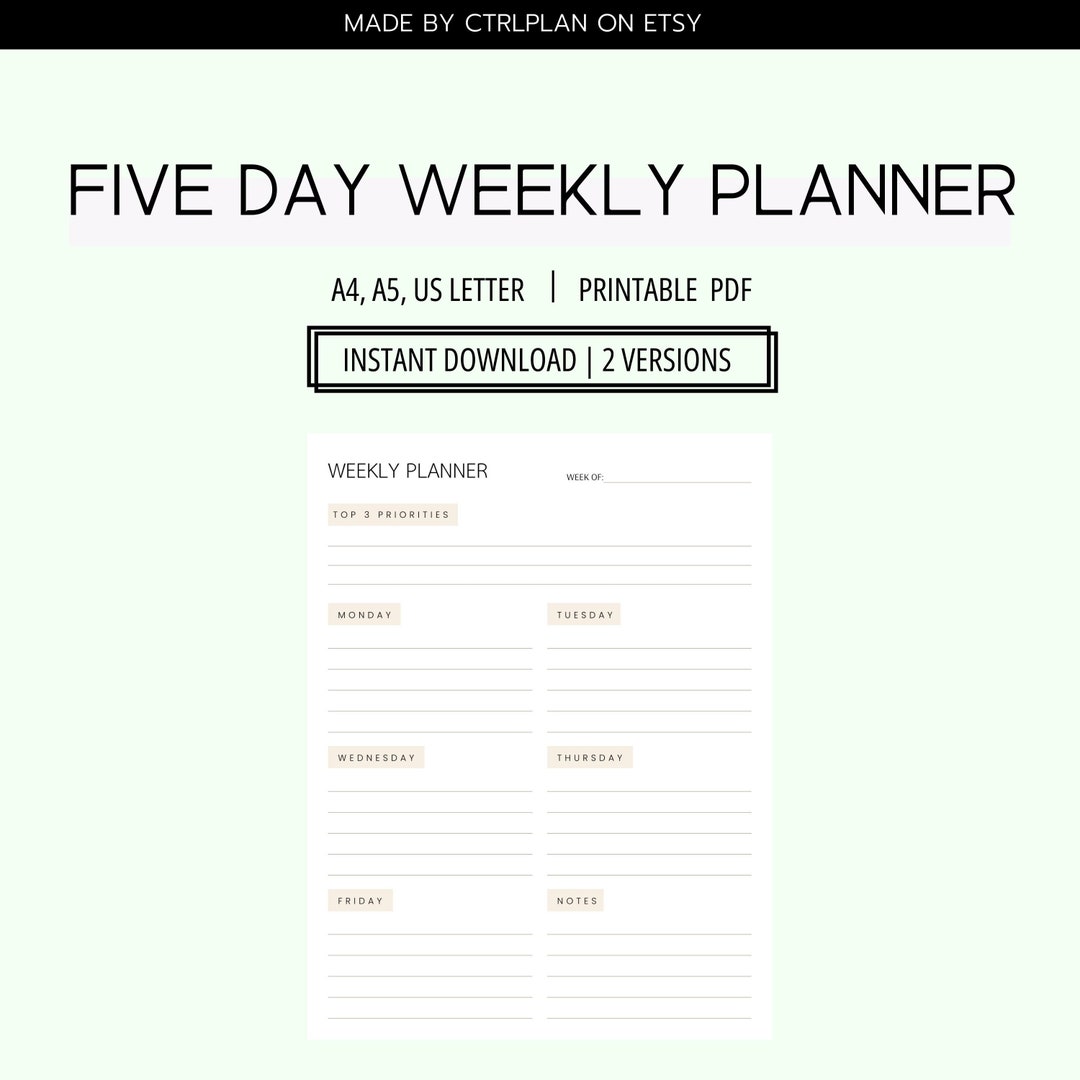 Five Day Weekly Planner Printable, Weekly to Do List, Work Planner ...
