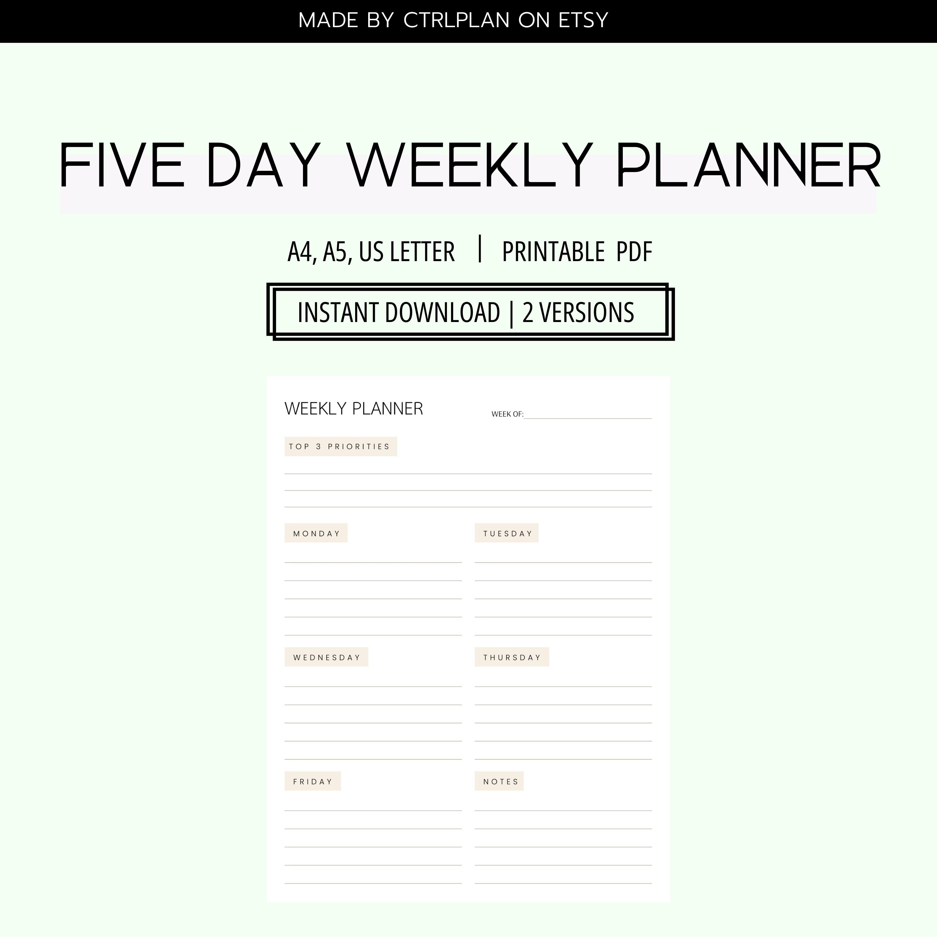 Five Day Weekly Planner Printable, Weekly to Do List, Work Planner ... Five Day Weekly Planner Printable, Weekly to Do List, Work Planner ...