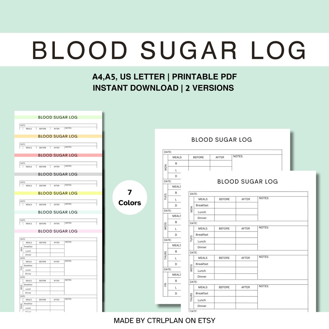 Blood Sugar Log Printable Template,diabetic,blood Glucose Tracker ...