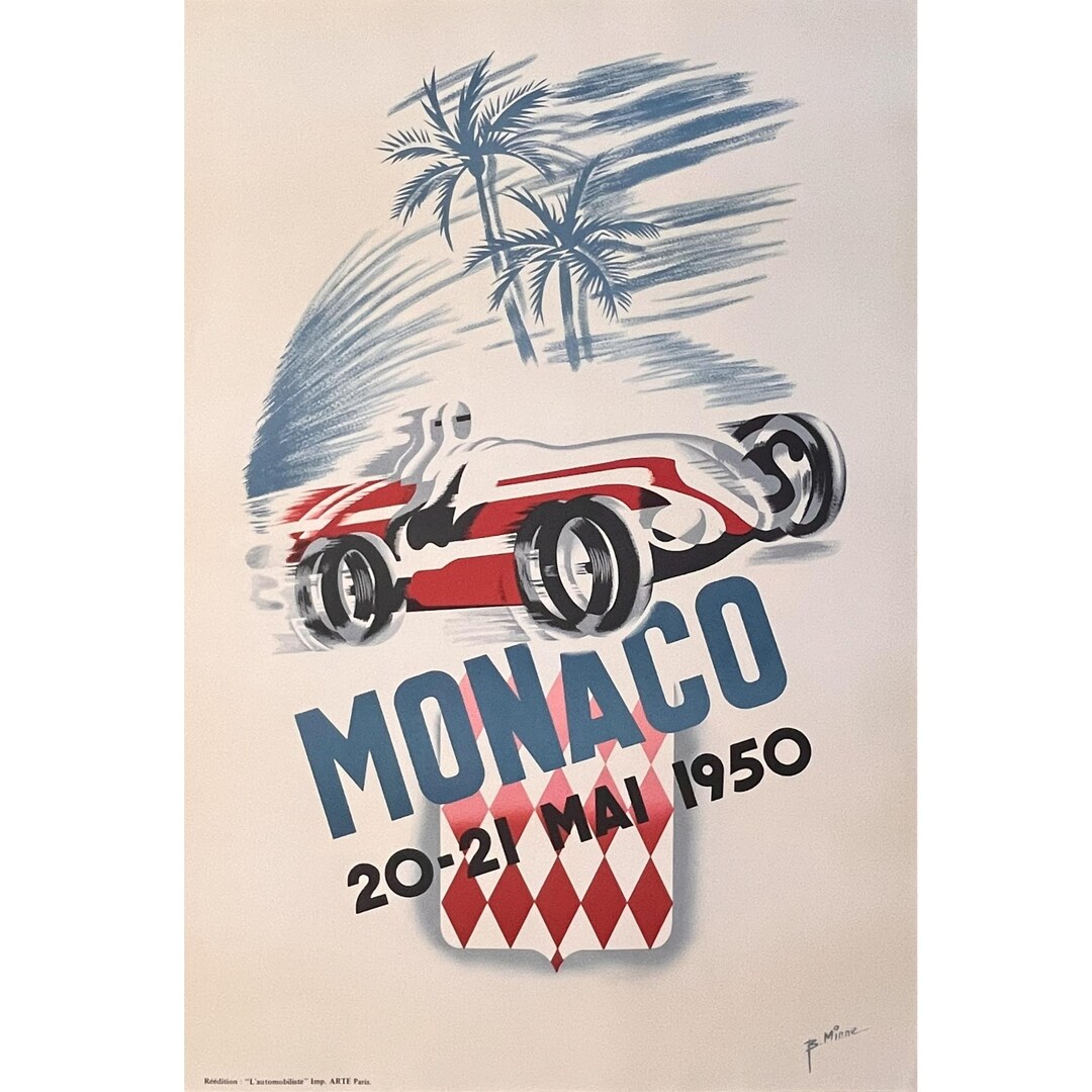 1950 MONACO Grand Prix Poster - Lithograph Print - Rare Edition - Large ...