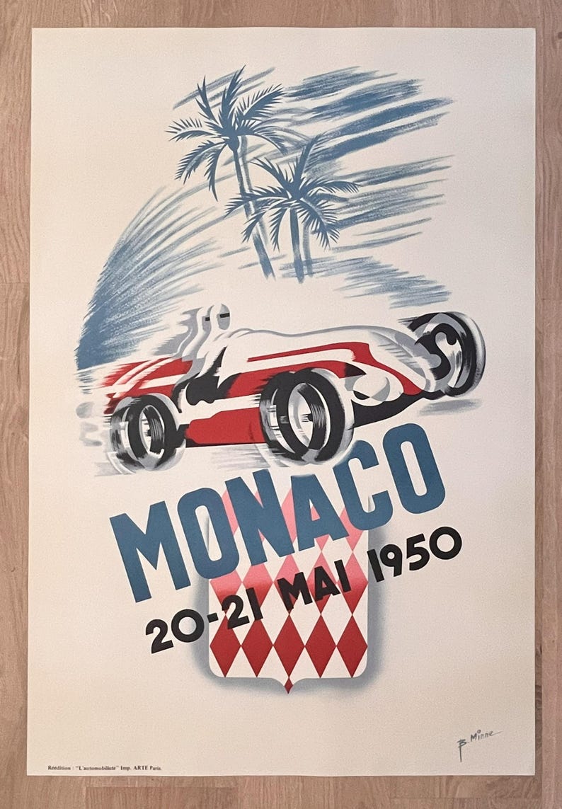 1950 MONACO Grand Prix Poster - Lithograph Print - Rare Edition - Large ...