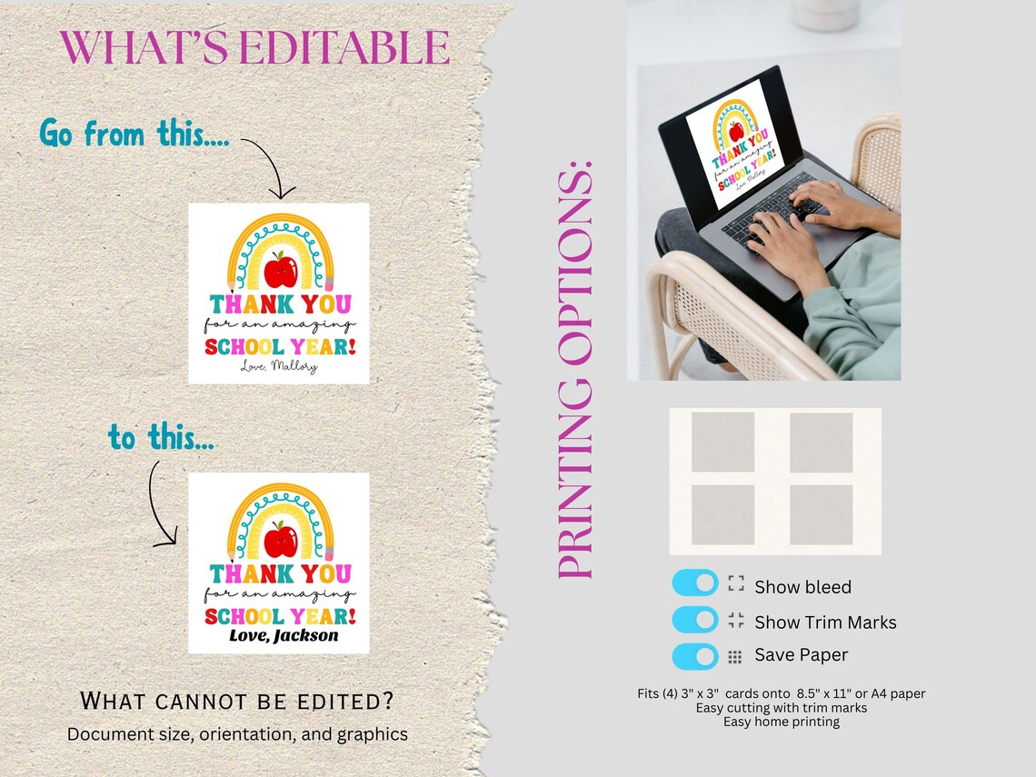 Editable Teacher Tag, Personalize Printable Tags, Thank You Teacher ...