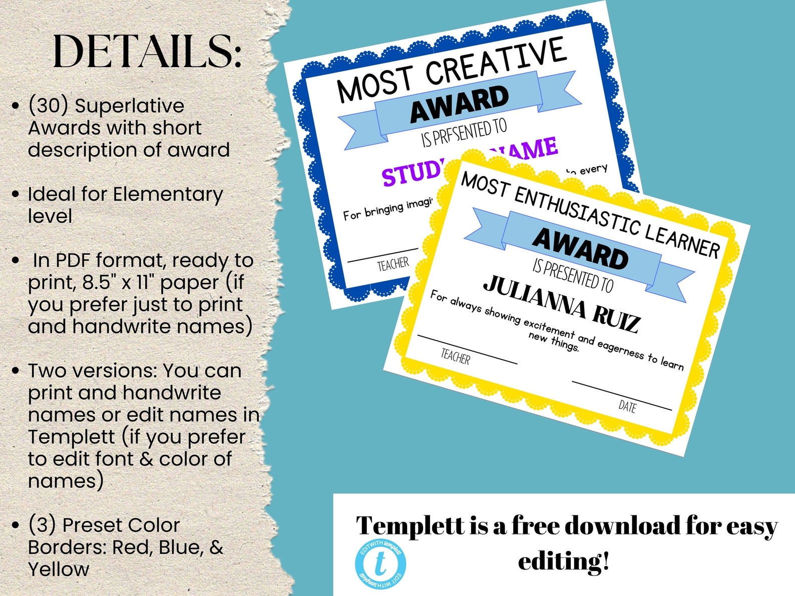 Editable Classroom Awards, End of Year Superlative Awards, Student ...