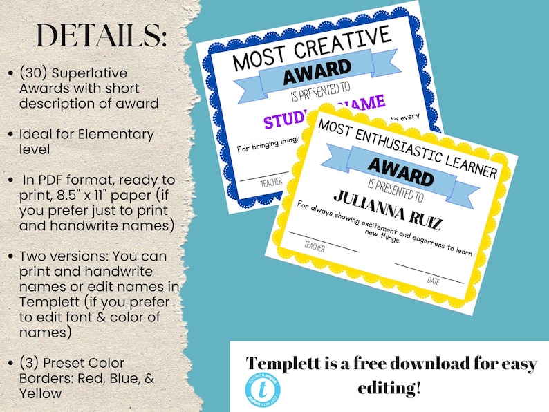 Editable Classroom Awards, End of Year Superlative Awards, Student ...