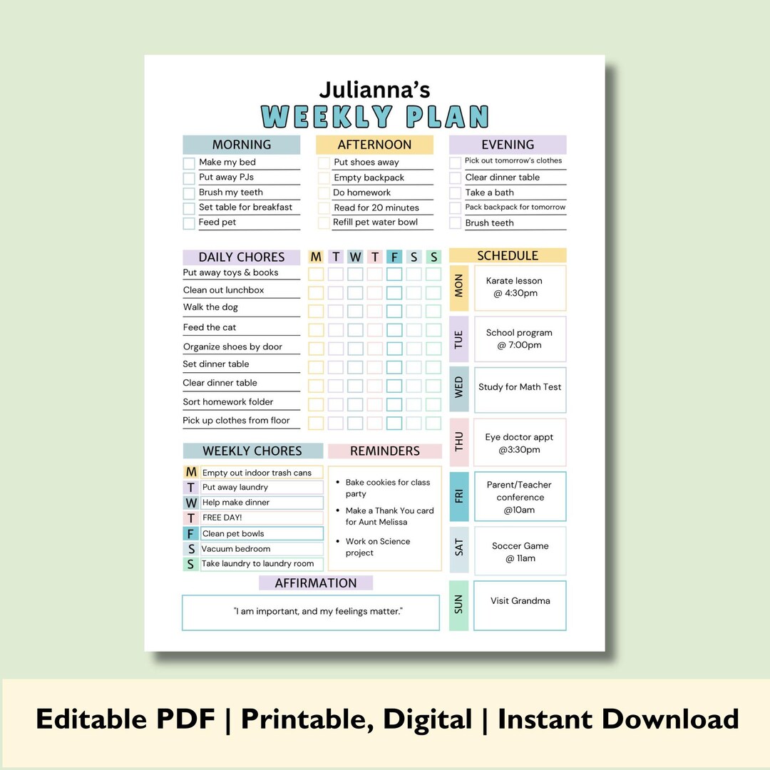 Daily Editable Chore Chart, Printable Kids Chore Chart, Weekly Chore ...