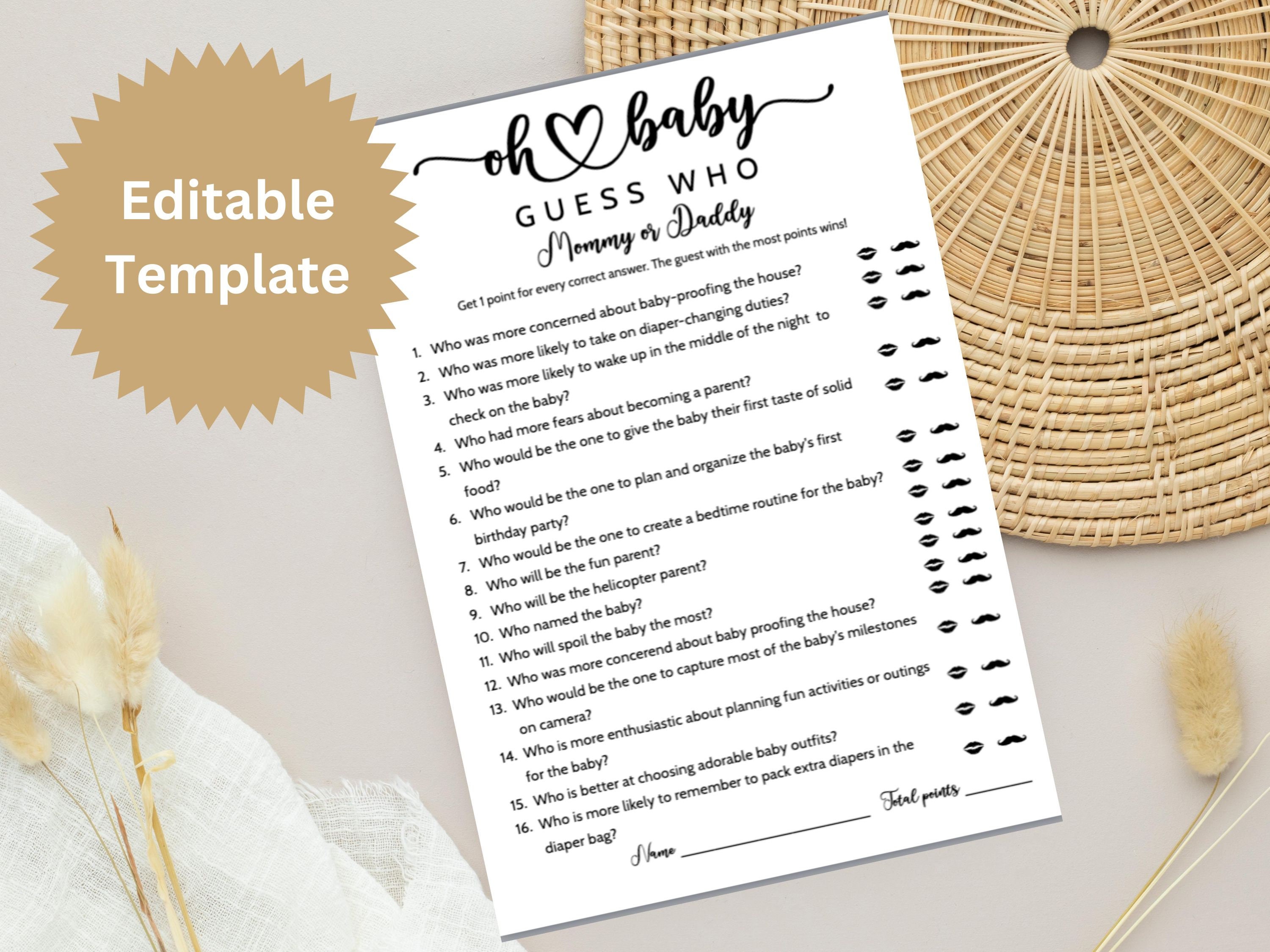 Baby Shower Guess Who Game, Mommy or Daddy Game, Editable Template, Baby Shower Games, Oh Baby ...