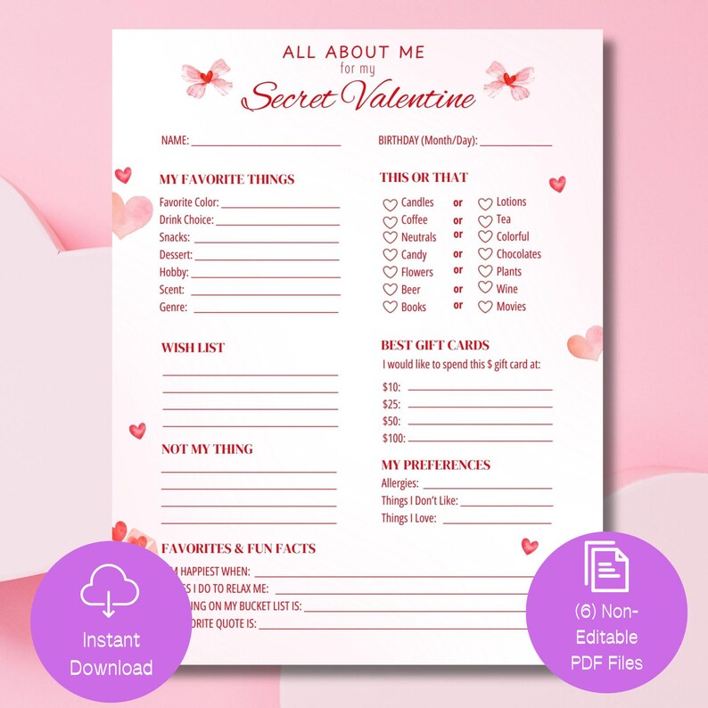 All About Me Secret Valentine Printable, Getting to Know You, Secret ...