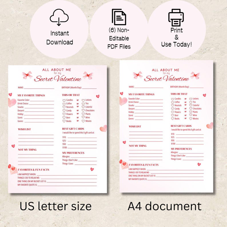 All About Me Secret Valentine Printable, Getting to Know You, Secret ...