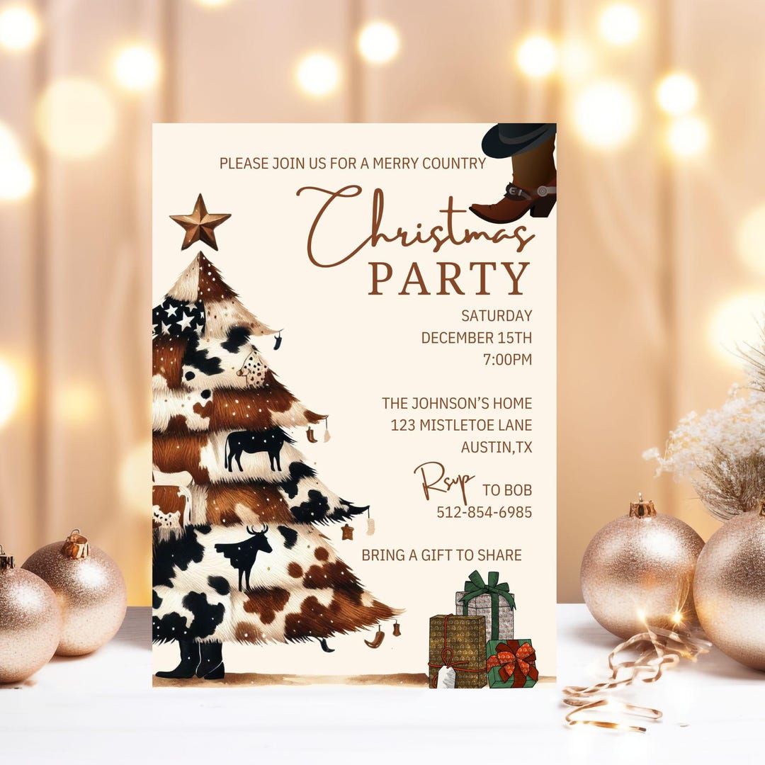 Western Country Christmas Party Invitation, Holiday Cowboy Party Invite ...