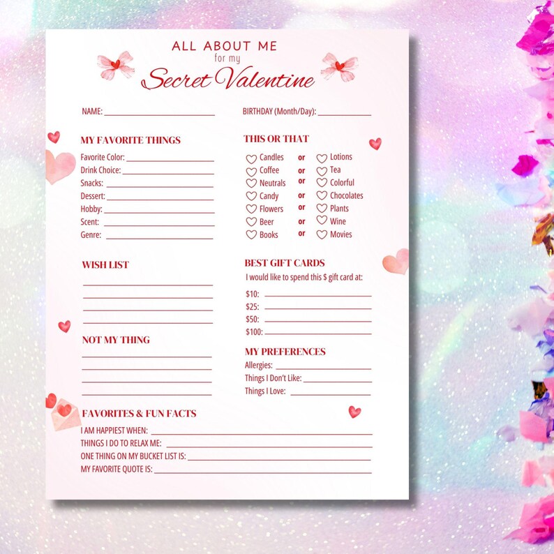 All About Me Secret Valentine Printable, Getting to Know You, Secret ...