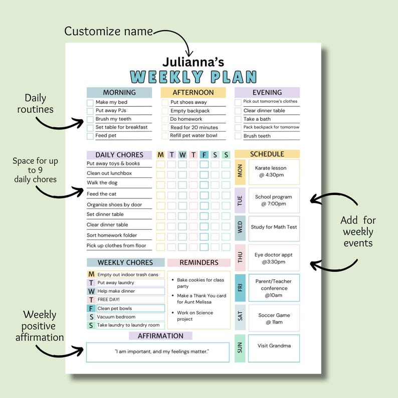 Daily Editable Chore Chart, Printable Kids Chore Chart, Weekly Chore ...