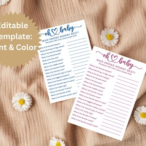 Who Knows Mommy Best Baby Shower Game, Baby Shower Card, Baby Printable ...