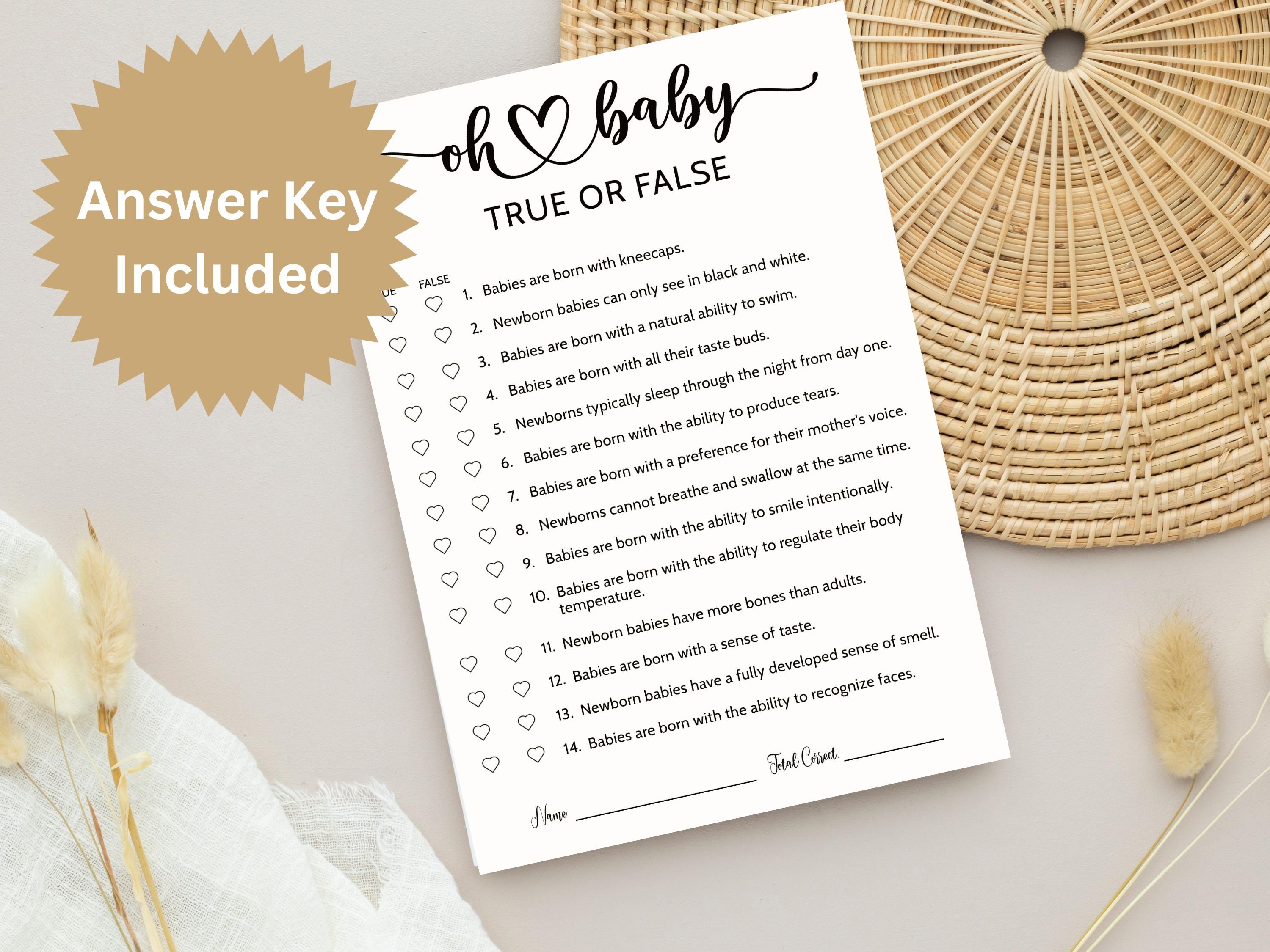 Baby Shower True or False Game, Game and Answer Key, Baby Editable ...