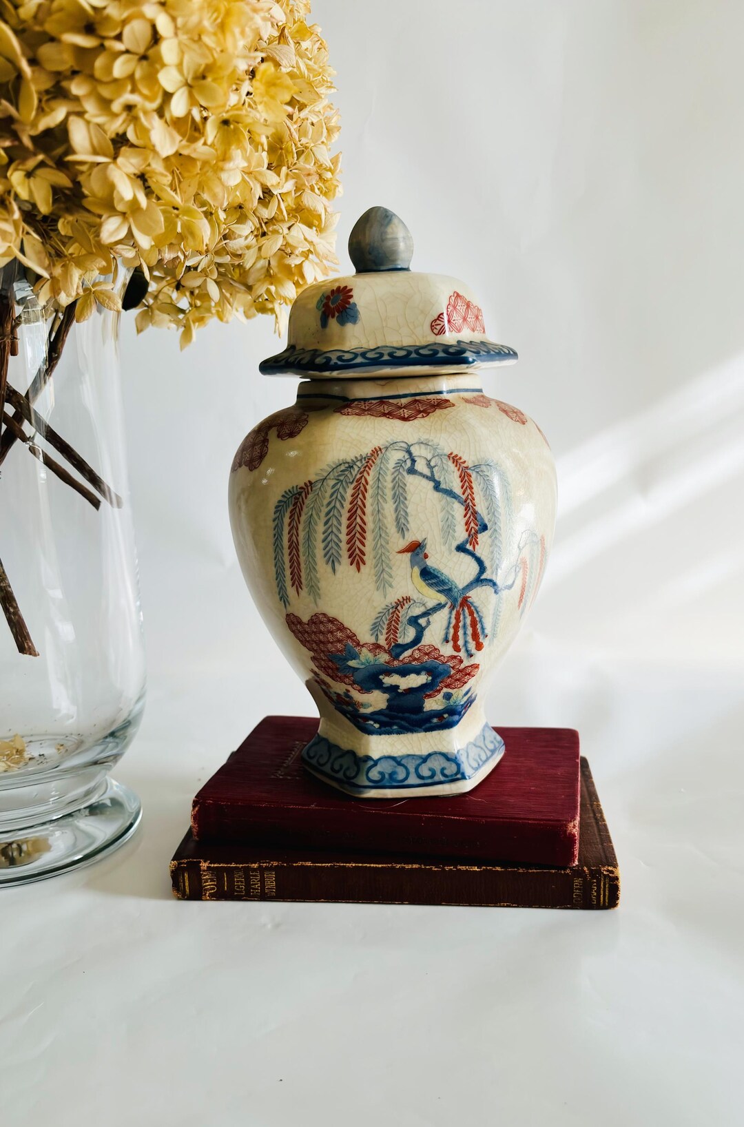 Chinoiserie Ginger Jar, Rust & Blue Floral With Weeping Willow Design ...