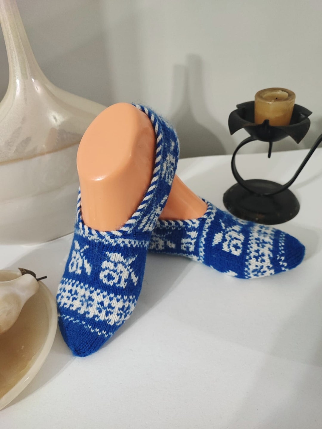 Hand-knitted Dark Blue Slippers, Turkish Slippers, Women's Socks ...