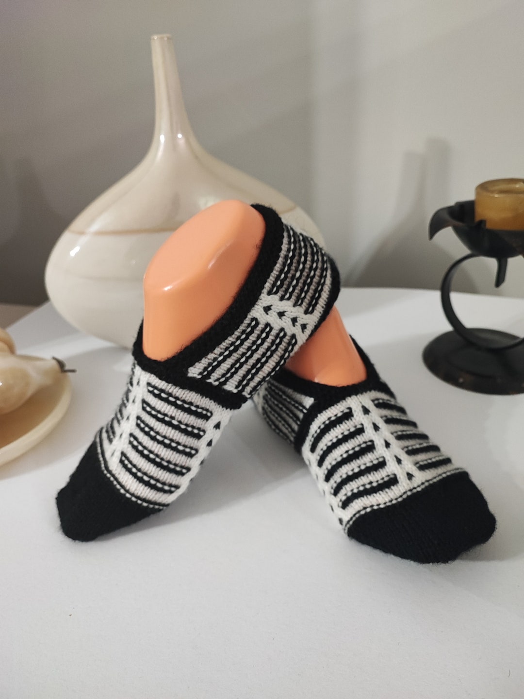 Black and White Socks, Knitted Slippers, Thick Socks, House Slippers ...
