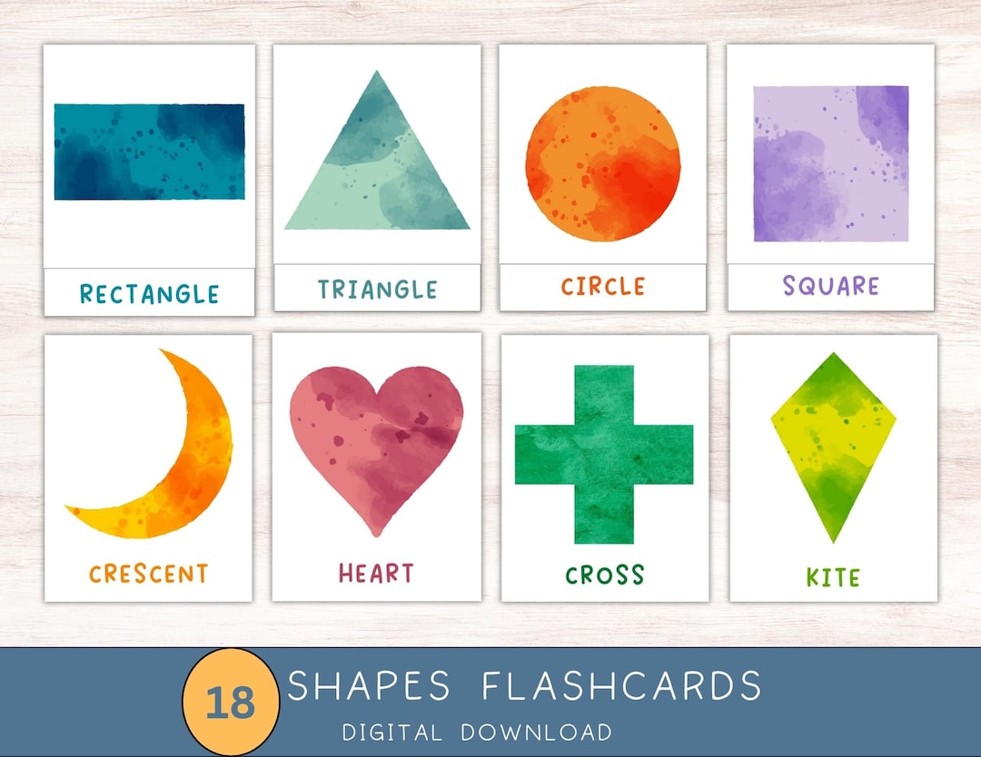 18 Shapes Flashcards Printable, Geometric Shape Cards for Preschool ...