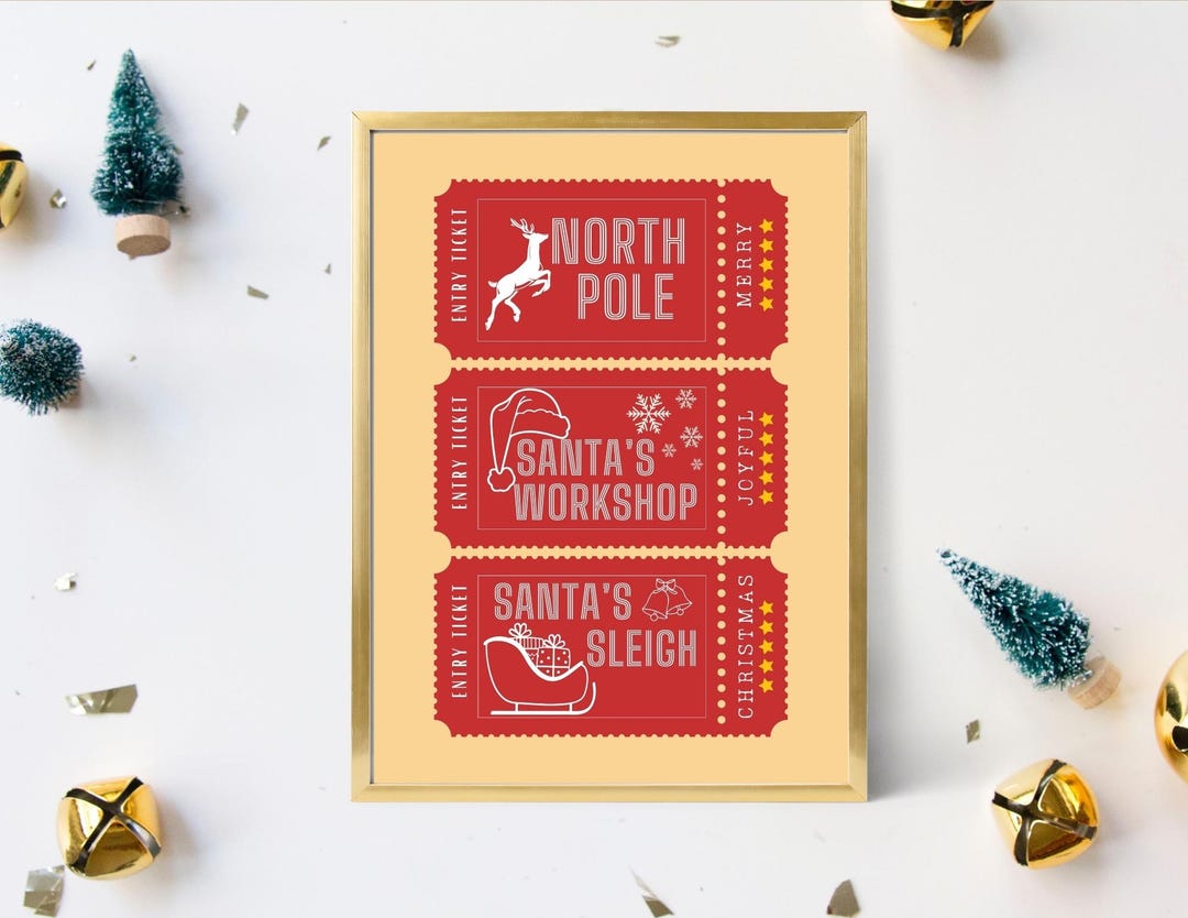 North Pole Ticket Print Christmas Wall Art, Santa's Workshop and Sleigh ...