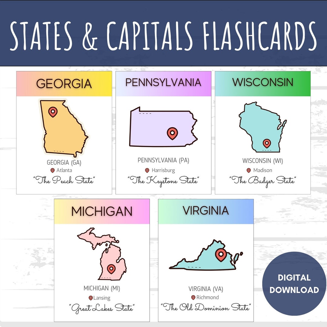 US States and Capitals Flashcards, United States Homeschool Activity ...