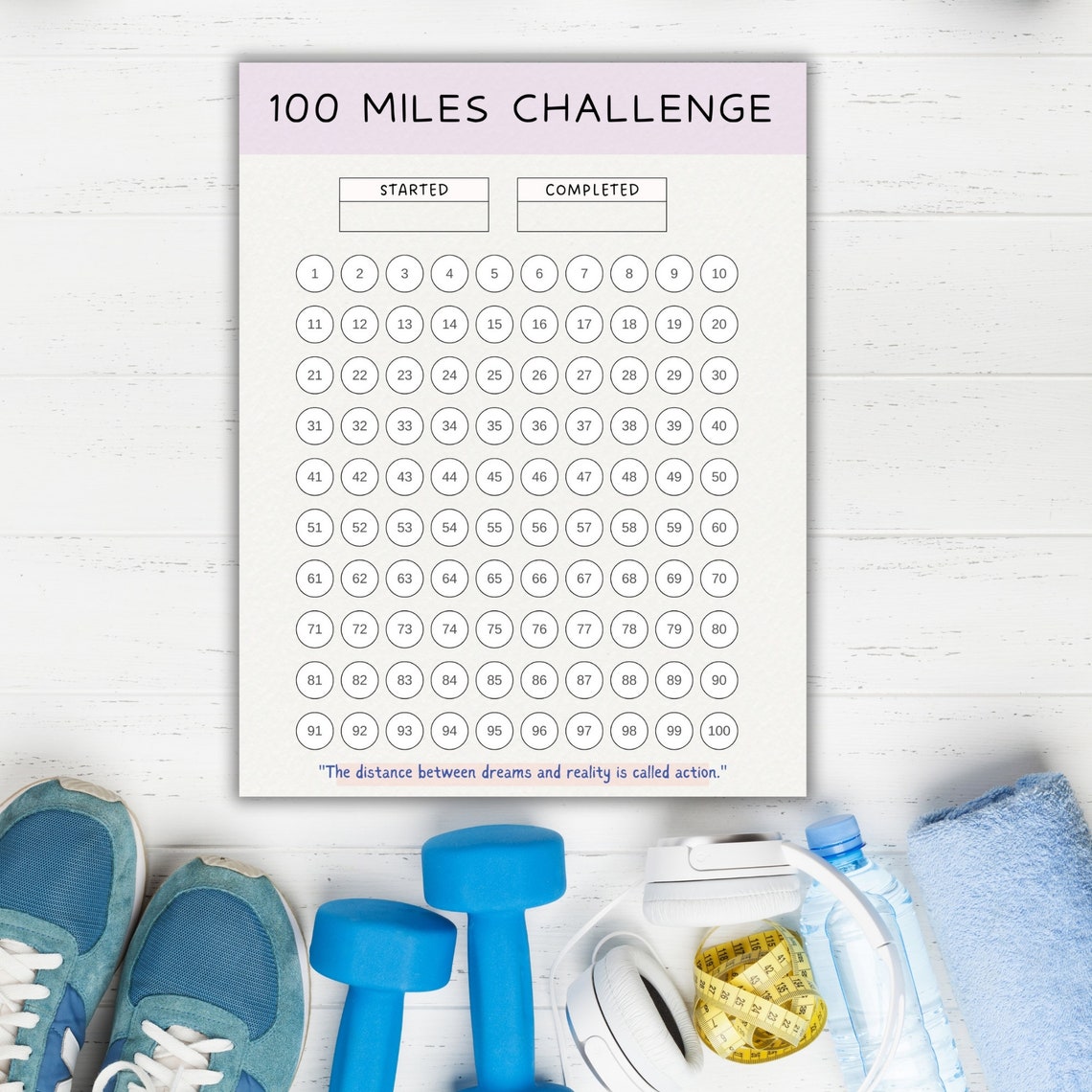 100 Mile Challenge Tracker: Printable Fitness Goal Planner (digital ...