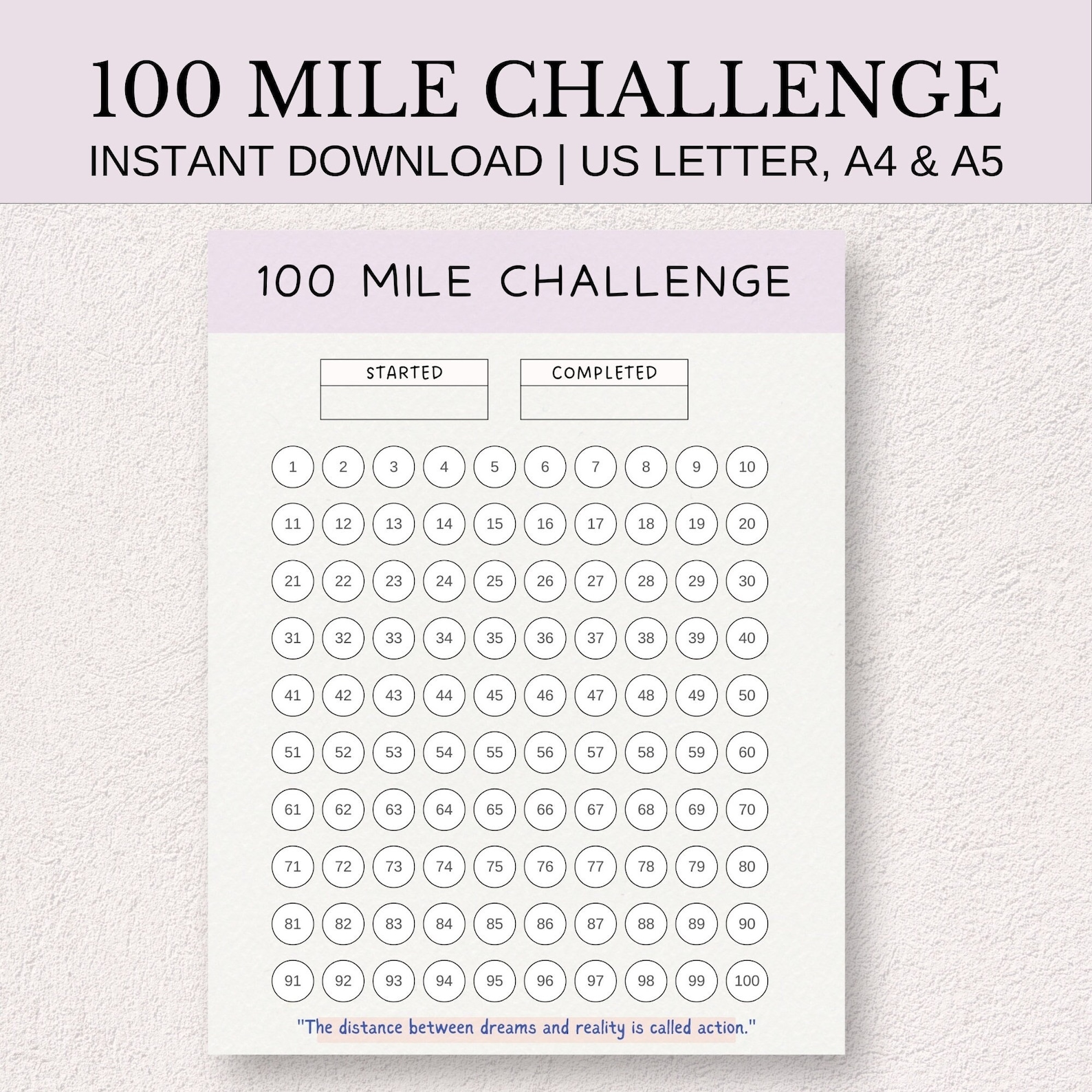 100 Mile Challenge Tracker: Printable Fitness Goal Planner (digital ...