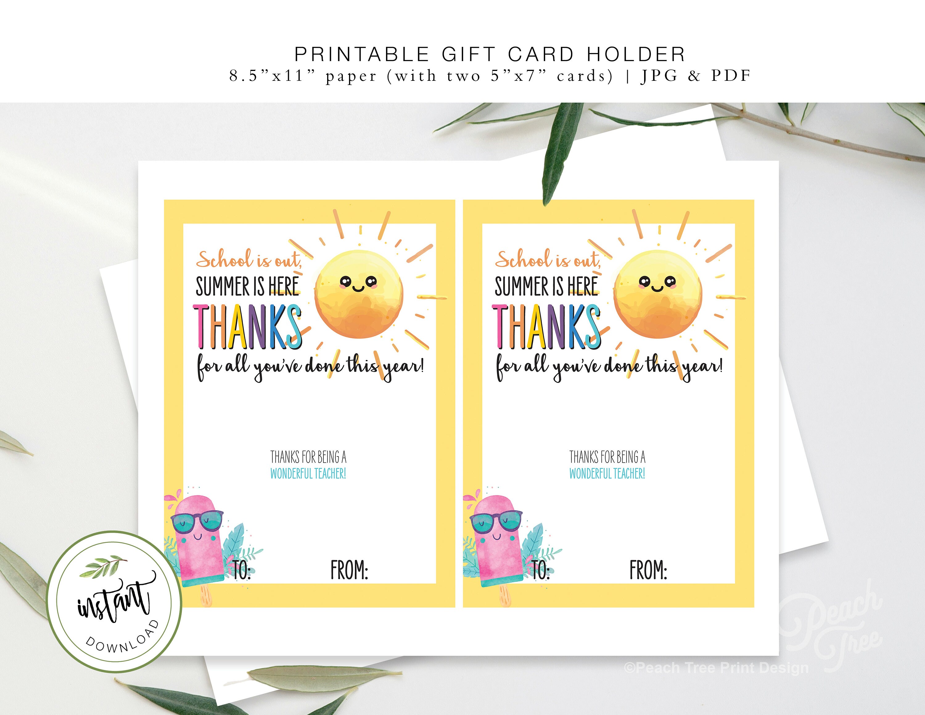 Printable End of Year Teacher Gift Card Holder, School's Out Summer Sun ...