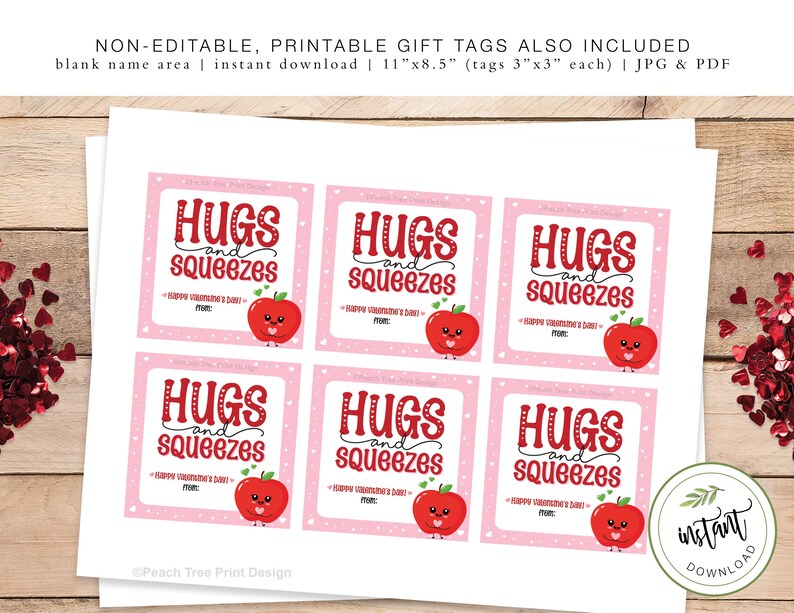 Hugs and Squeezes Valentine, Printable Valentine Card, Class Treat ...