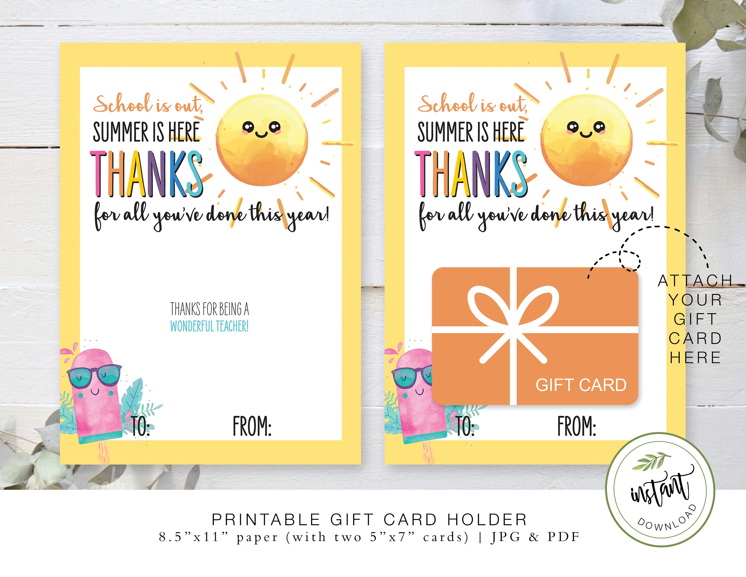 Printable End of Year Teacher Gift Card Holder, School's Out Summer Sun ...