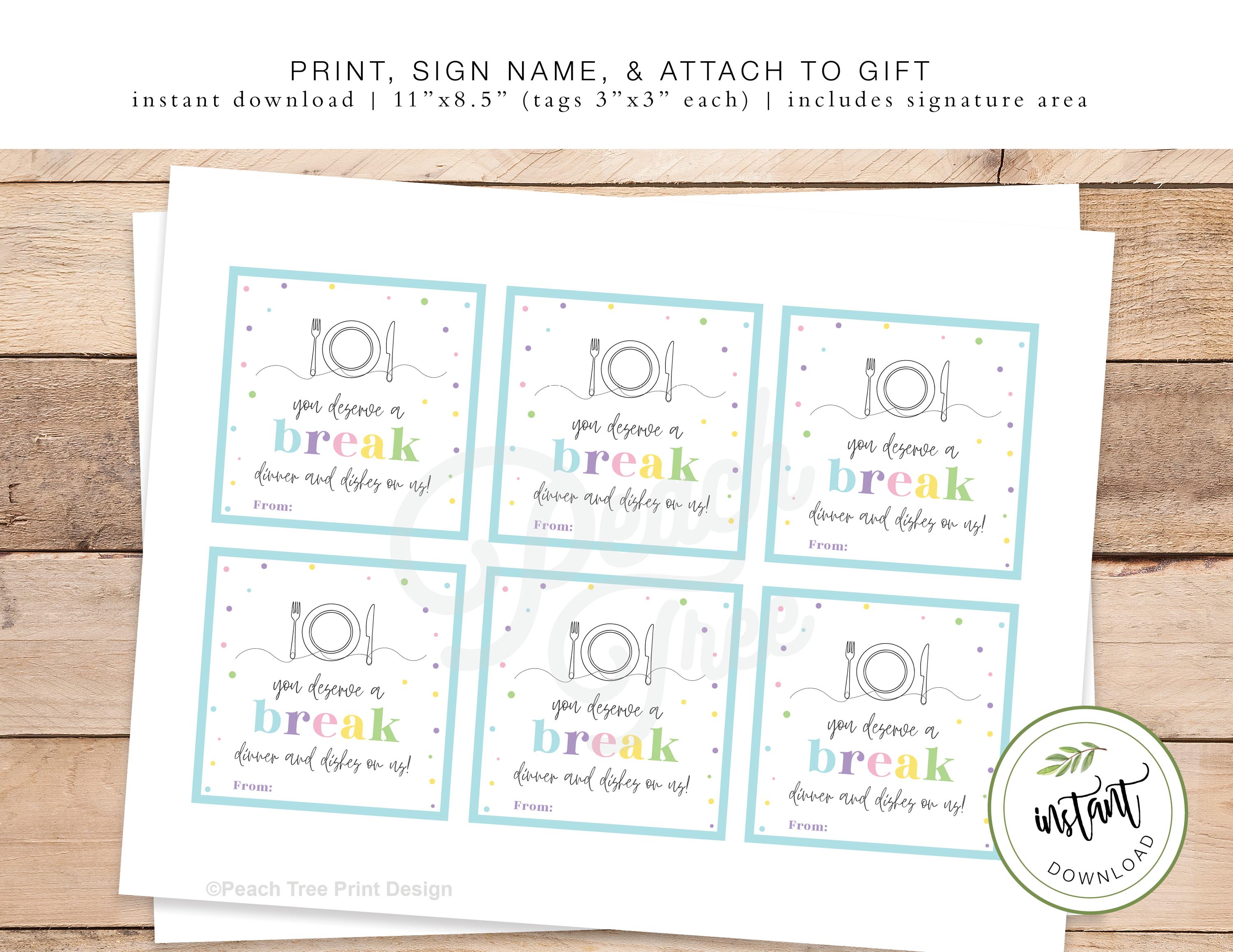 Dinner and Dishes Tag, You Deserve a Break, Thank You Gift Tag, Thank ...